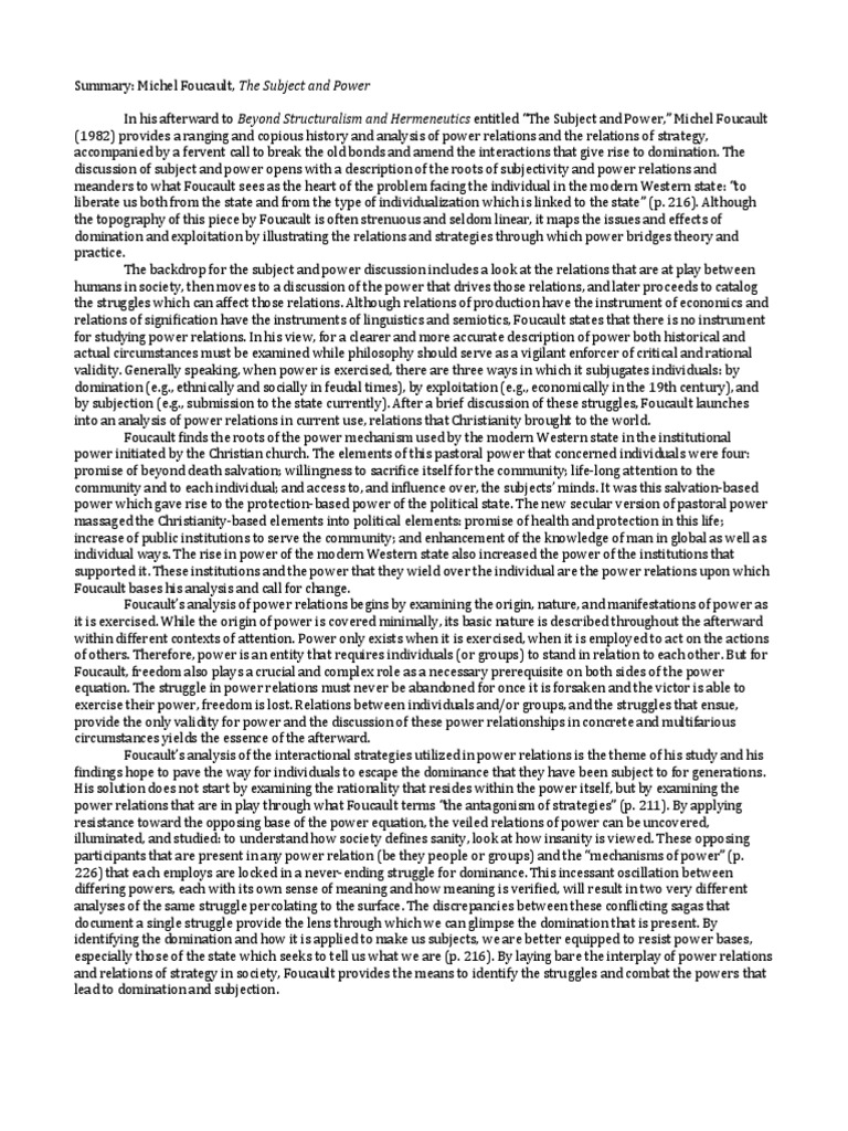 Summary Michel Foucault The Subject and Power | PDF | Michel Foucault ...
