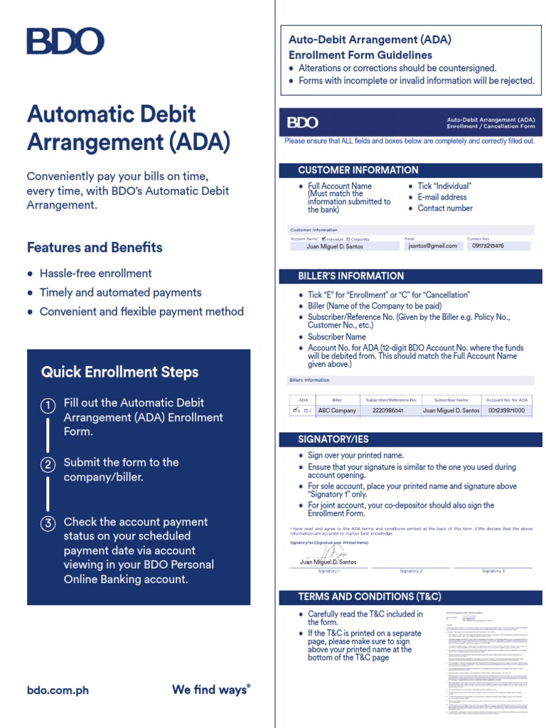 BDO Automatic Debit Arrangement Guide | PDF | Debit Card | Subscription ...