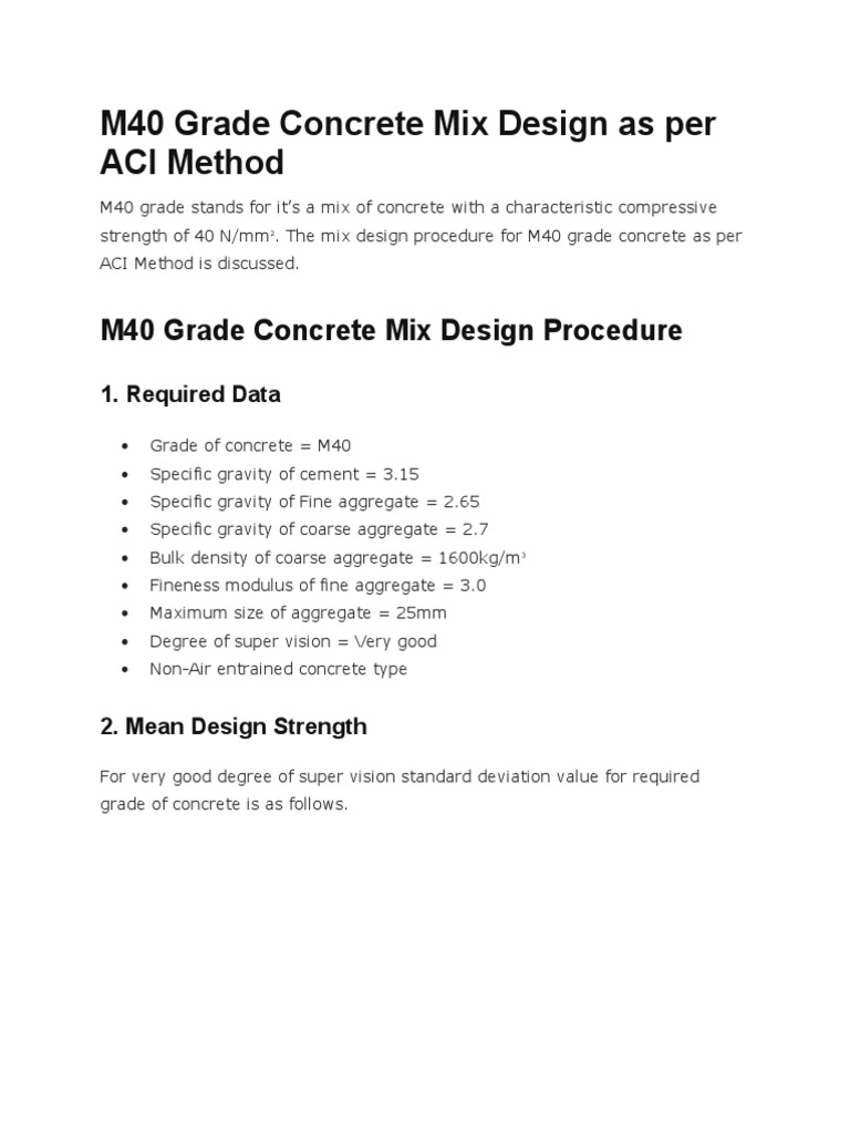 M40 Grade Concrete Mix Design As Per ACI Method | PDF | Construction ...