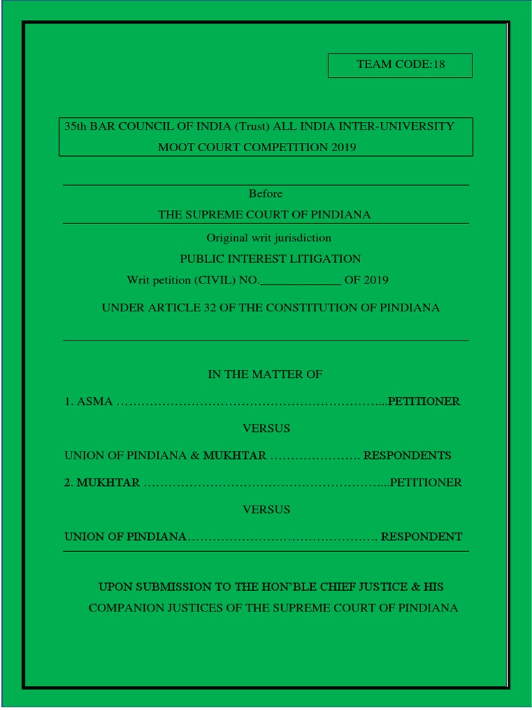 35th BCI Moot Court Competition 2019 Respondent Memorial Problem 1 PDF ...