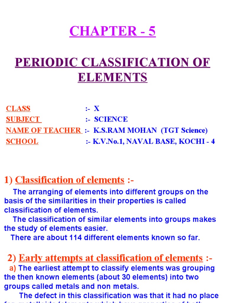 Periodic Classification of Elements | PDF | Chemical Elements ...