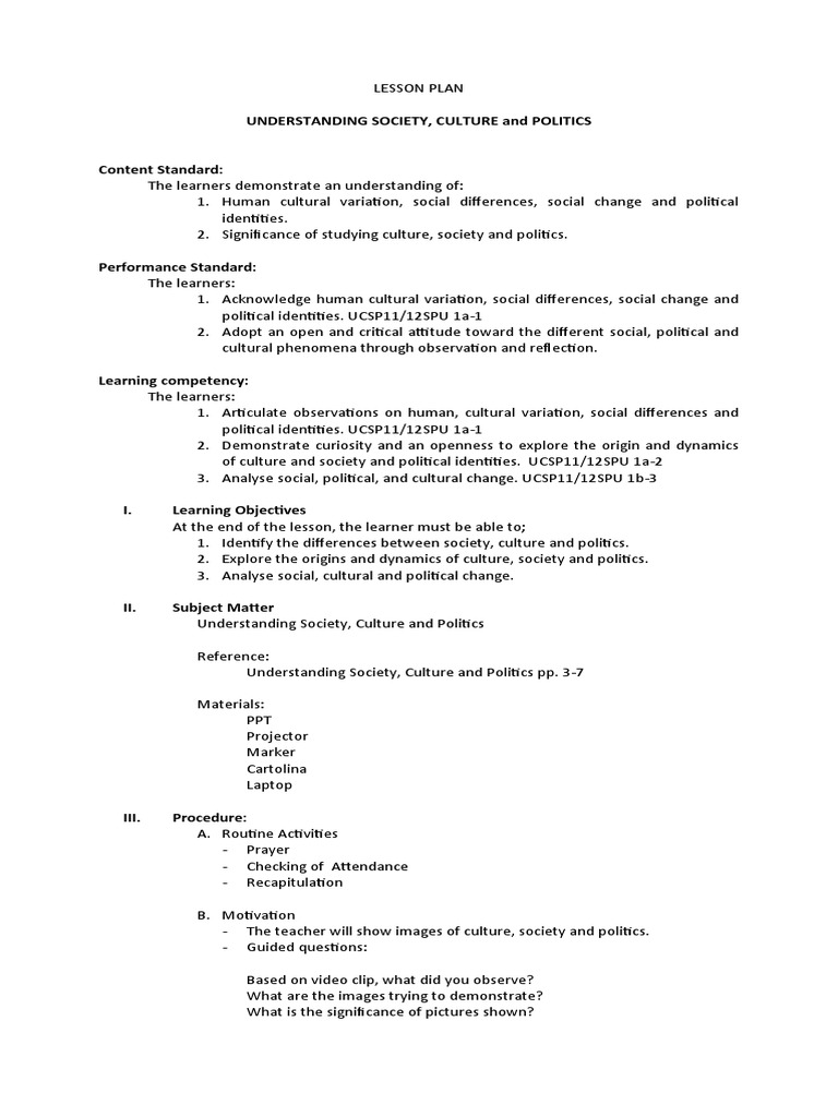 Understanding Society, Culture and Politics | PDF | Lesson Plan | Learning