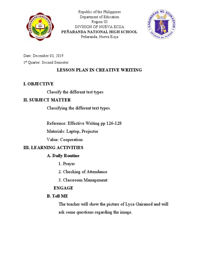 Lesson Plan in Creative Writing I. Objective: Peñaranda National High ...