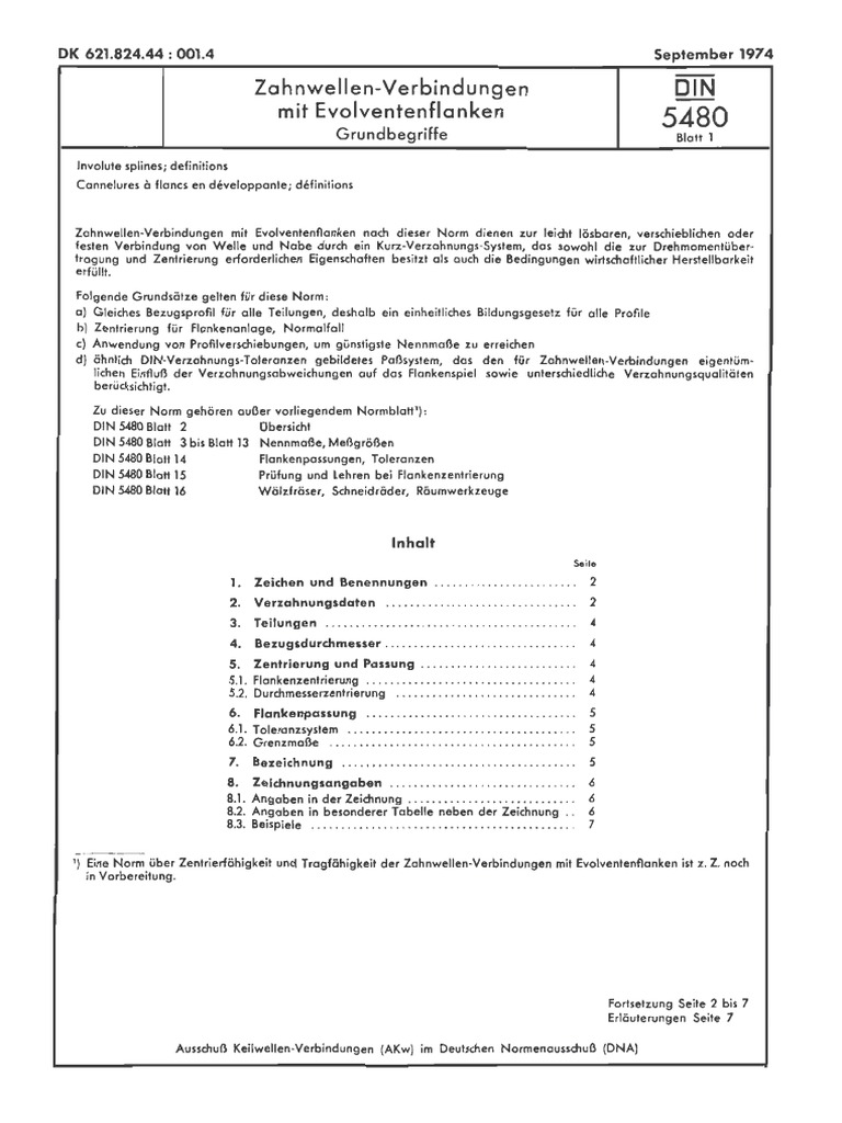(DIN 5480-1 - 1974-09) - Zahnwellen-Verbindungen Mit Evolventenflanken - Grundbegriffe | PDF
