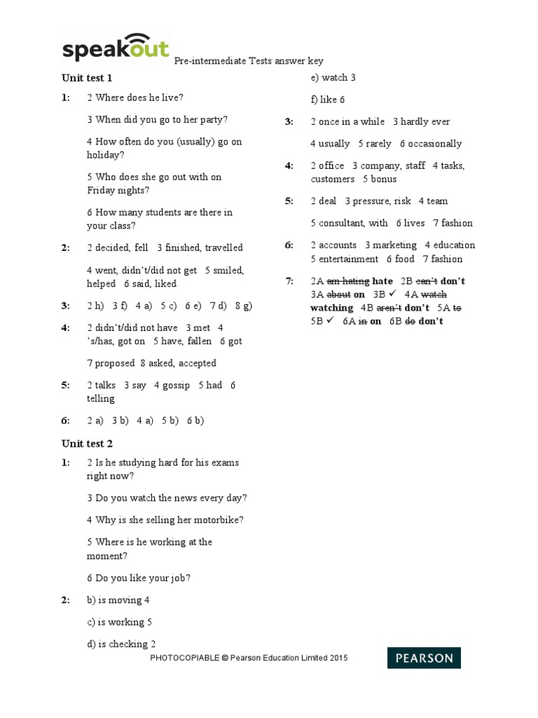 Unit Test 1: PHOTOCOPIABLE © Pearson Education Limited 2015 | PDF ...