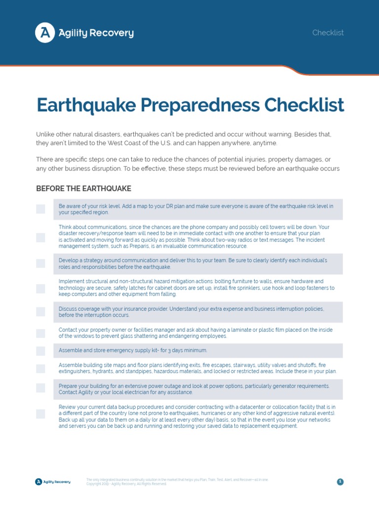 Agility Recovery Earthquake Preparedness Checklist | PDF | Disaster And ...