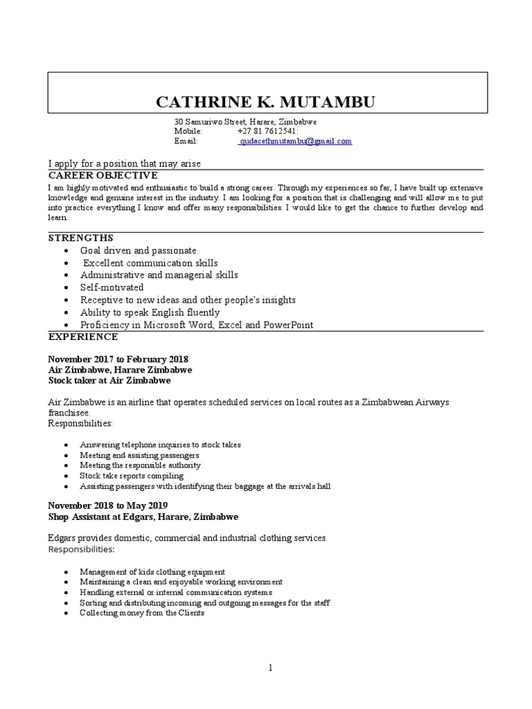 A Motivated Job Seeker: Cathrine K. Mutambu's Resume and Career Profile ...