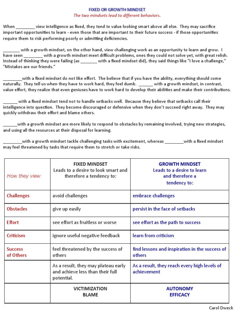 The Two Mindsets Lead To Different Behaviors | PDF | Mindset | Social ...