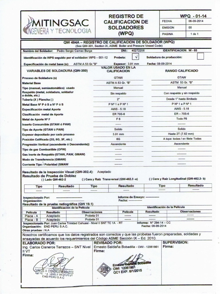 Hoja De Muestra Del Procedimiento De Soldadura Gtaw Fusión De