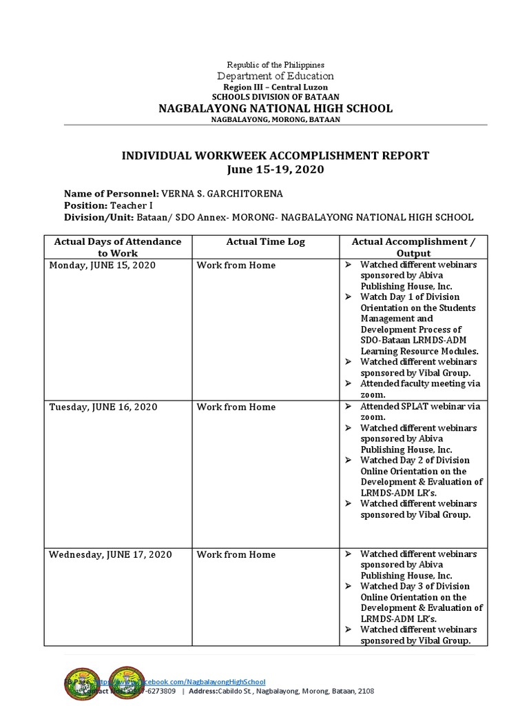 VSGR Individual Workweek Accomplishment Report June15 19,2020 ...