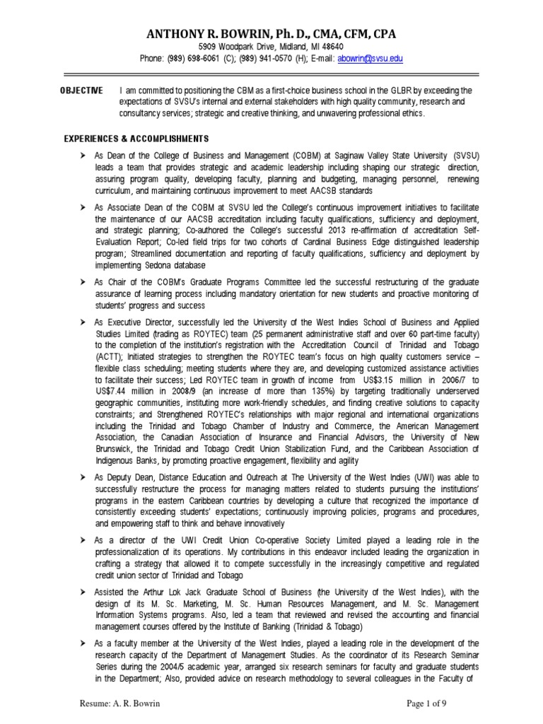 Anthony R. Bowrin, Ph. D., Cma, CFM, Cpa: Objective | PDF | University ...