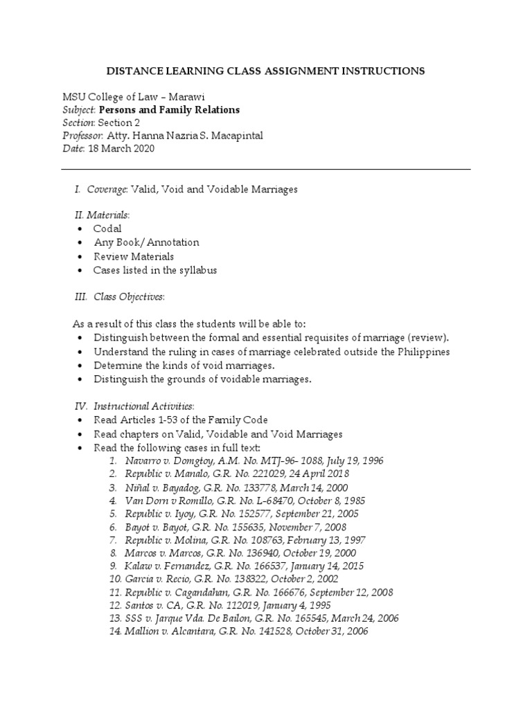 Distance Learning Class Assignment Instructions | PDF | Annulment ...