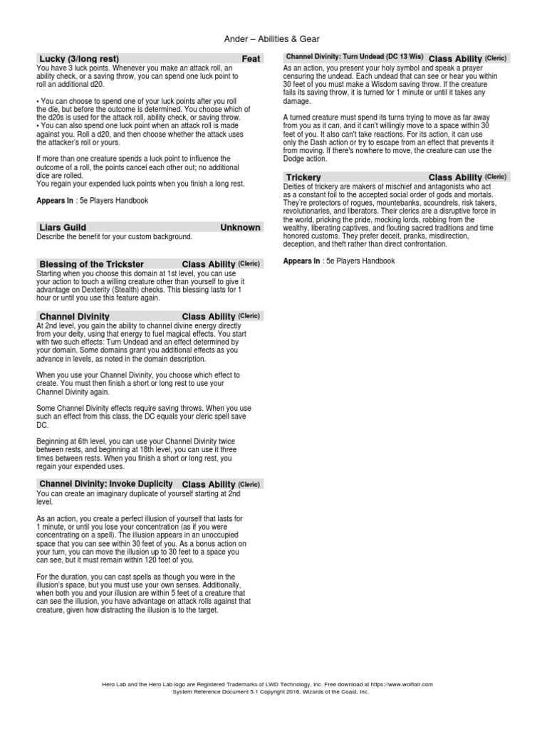 Lucky (3/long Rest) Feat Class Ability: Ander - Abilities & Gear | PDF ...