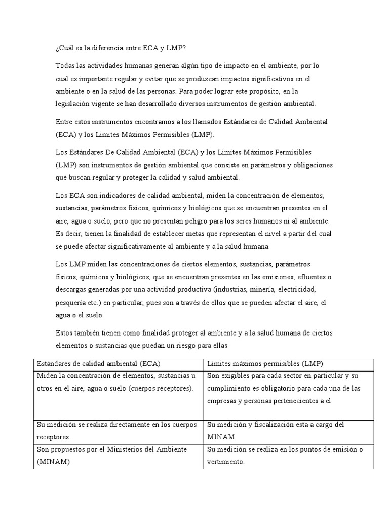 Cuál Es La Diferencia Entre ECA y LMP | PDF | Entorno natural | Agua