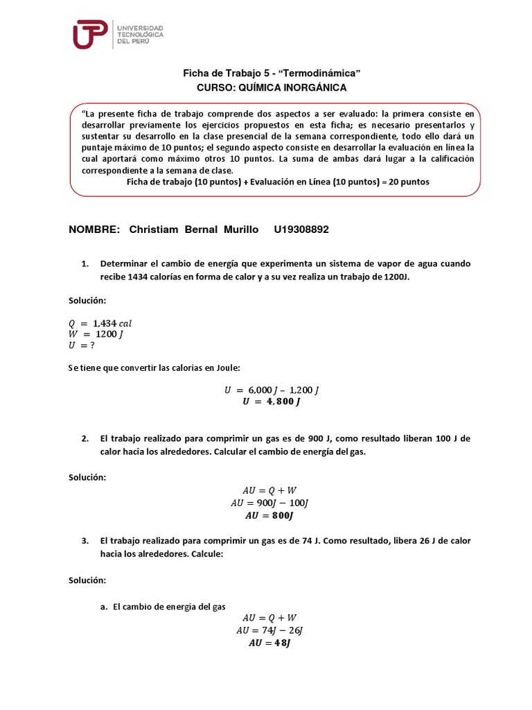 Ficha - de - Trabajo - 5 - Termodinamica BERNAL | PDF | Calor | Química ...