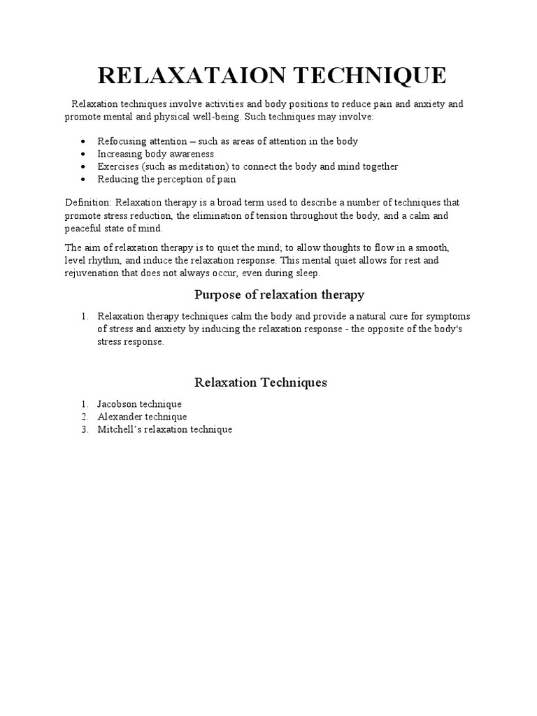 Relaxataion Technique: Purpose of Relaxation Therapy | PDF | Relaxation ...