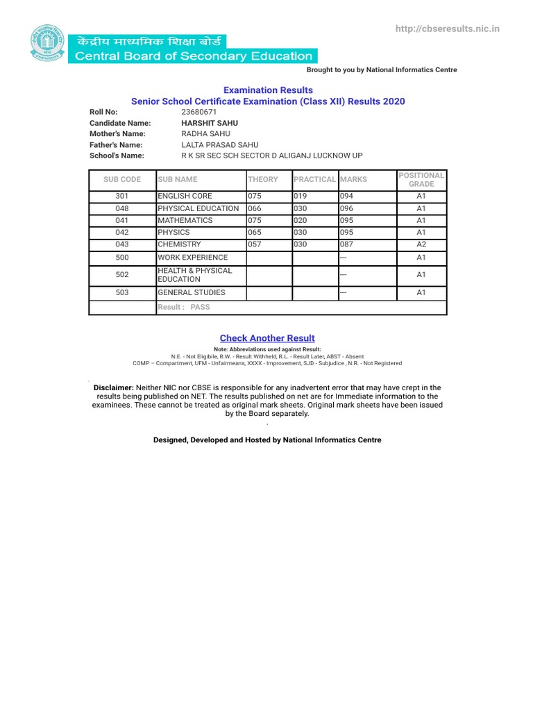 CBSE - Senior School Certificate Examination (Class XII) Results 2020 ...