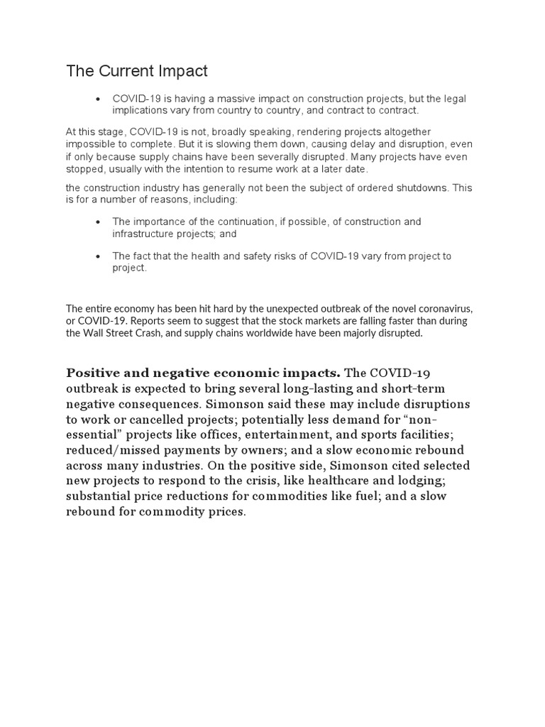 The Current Impact: Positive and Negative Economic Impacts. The COVID ...