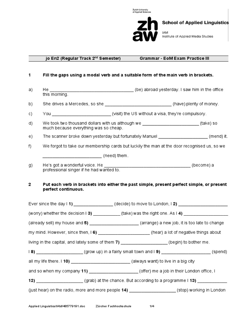 Jo En2 2nd Semester EoM Exam Grammar Practice III-1 | PDF