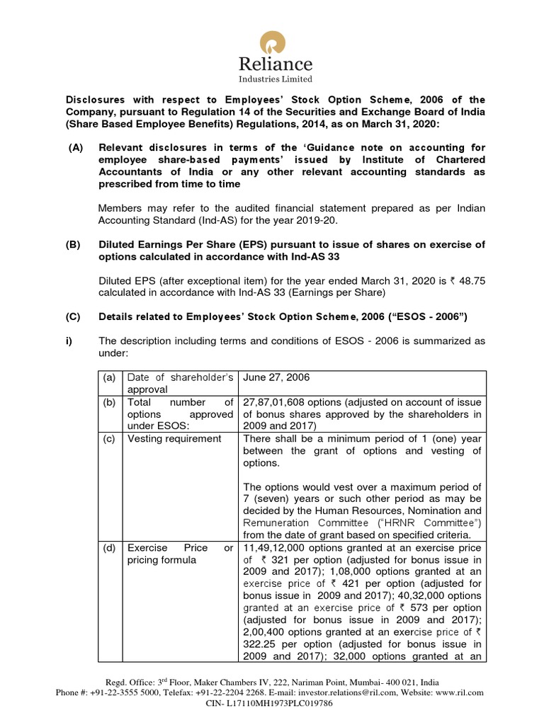 ESOS 2006 Disclosure for RIL | PDF | Earnings Per Share | Option (Finance)