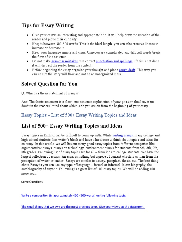 Tips For Essay Writing: Essay Topics - List of 500+ Essay Writing ...