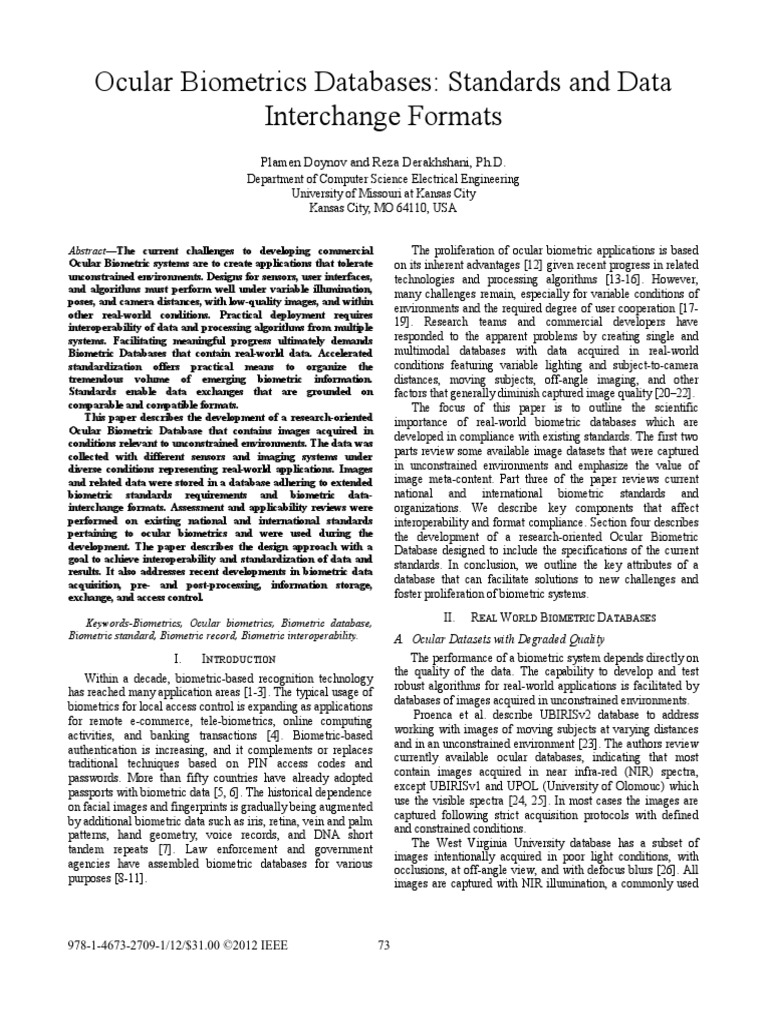 Ocular Biometrics Databases Standards An PDF | PDF | Biometrics | Iso/Iec Jtc 1