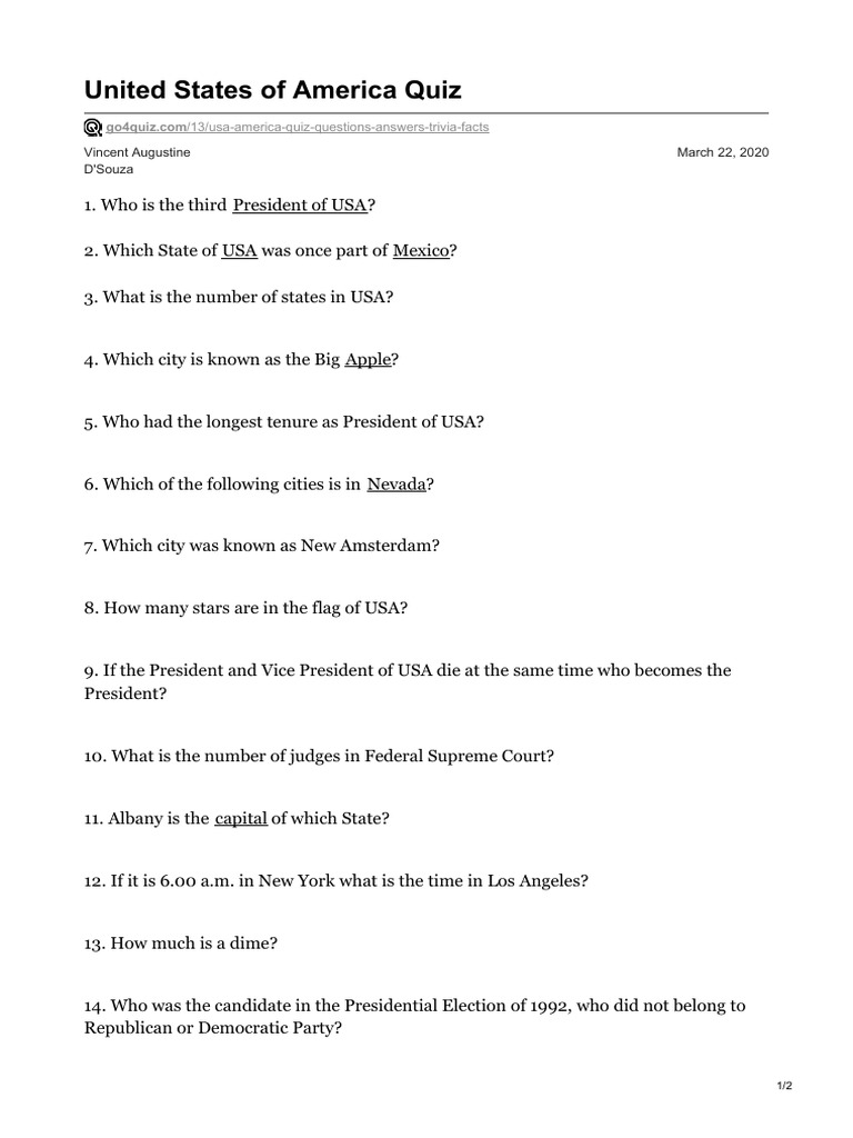USA General Knowledge Quiz Questions | PDF | Politics