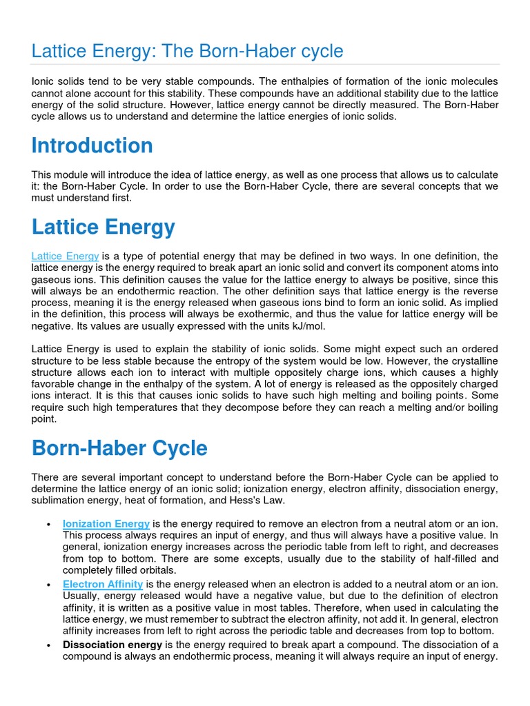 Lattice Energy: The Born-Haber Cycle | PDF | Ionic Bonding | Ion