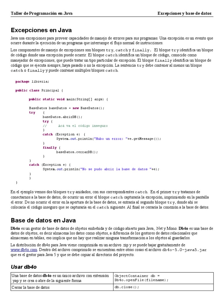 Excepciones Base Datos Java Pdf Java Lenguaje De Programación