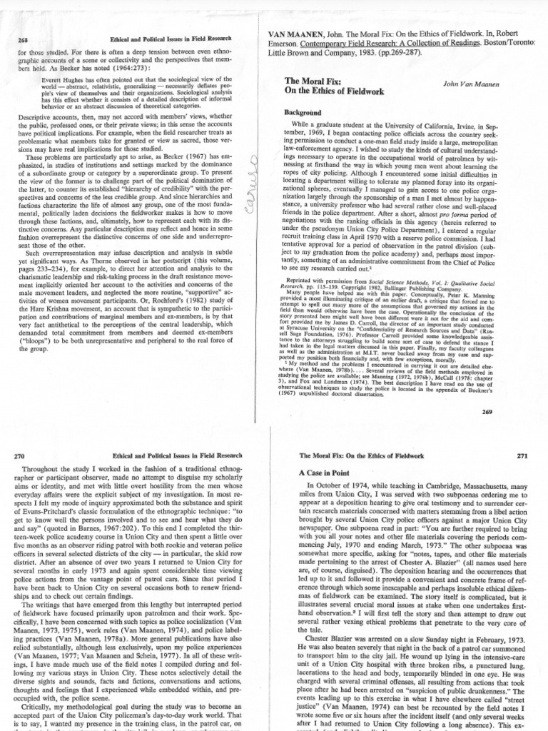 VAN MAANEN, J - The Moral Fix On The Ethics of Fielwork PDF | PDF