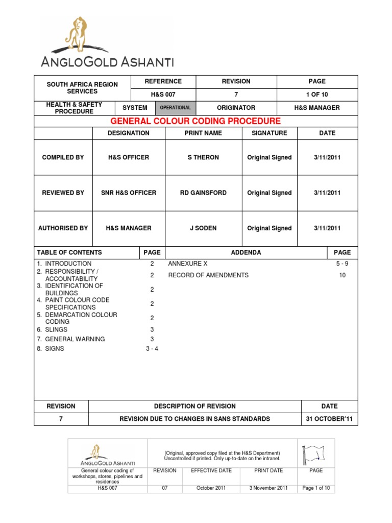 HS 007 General Colour Coding | PDF | Occupational Safety And Health | Risk