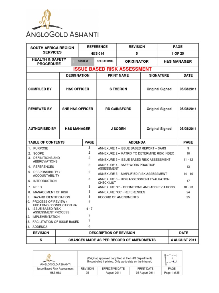 Issue Based Risk Assessment: South Africa Region Services Health ...