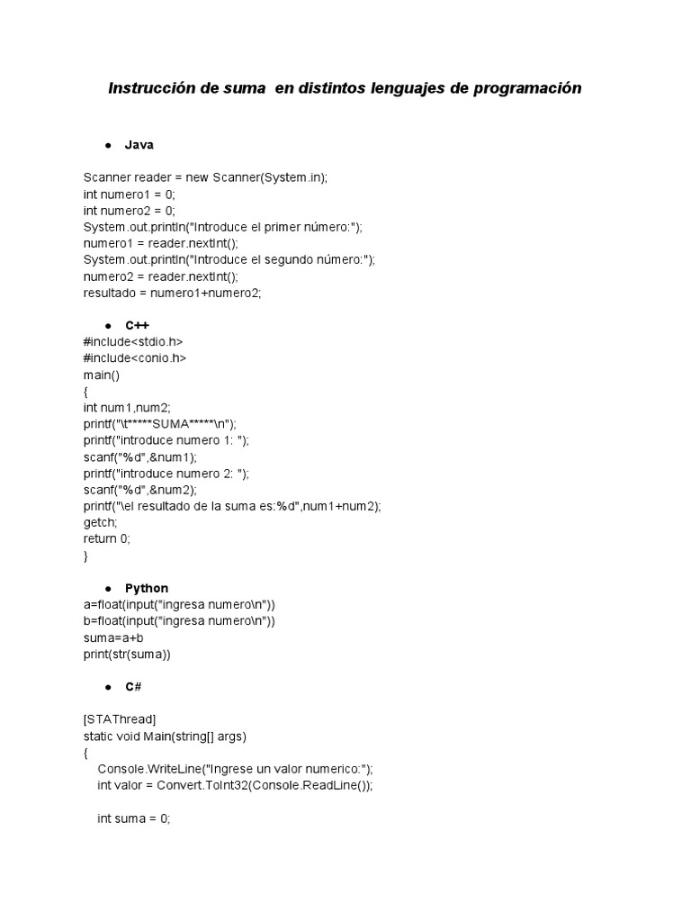 Suma en Lenguajes de Programación | PDF | Introducciones relacionadas ...
