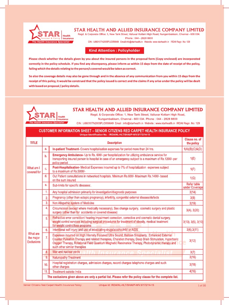 STAR HEALTH - Senior Citizens Red Carpet Health Insurance Policy PDF | PDF