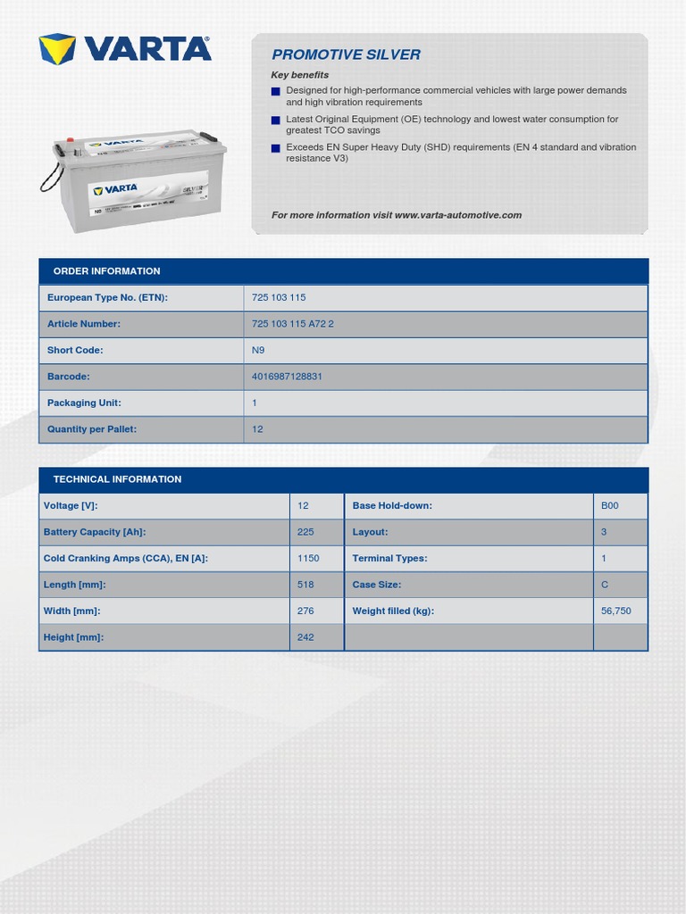 Varta N9 Battery Specifications | PDF | Electric Power | Electricity