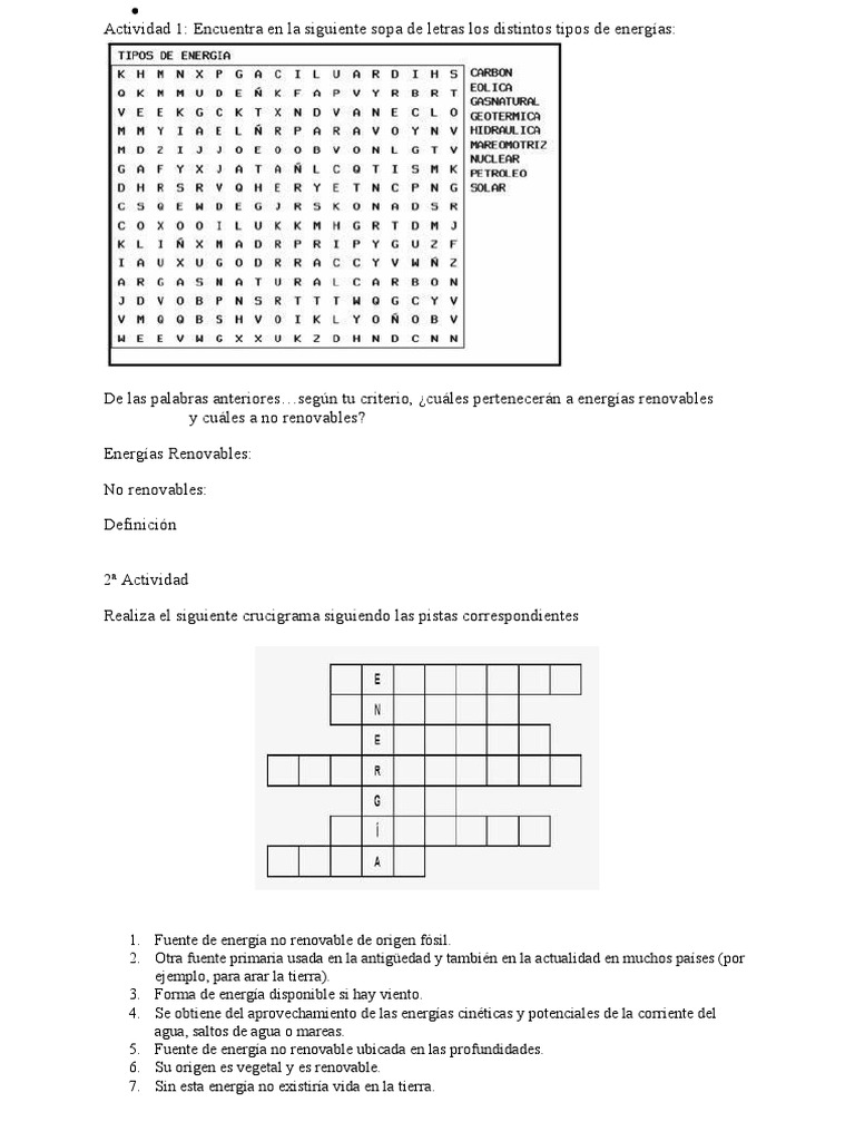 Sopa de Letras y Crucigrama Energía | PDF | Ciencias sociales