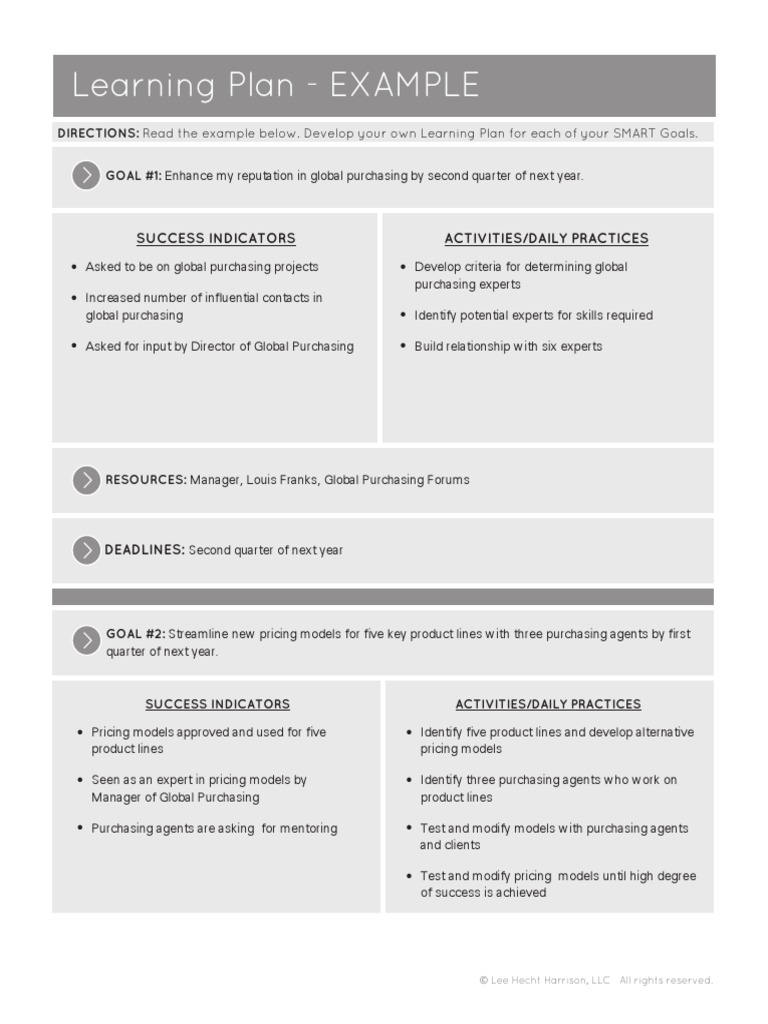 Learning Plan - EXAMPLE: Success Indicators Activities/Daily Practices ...