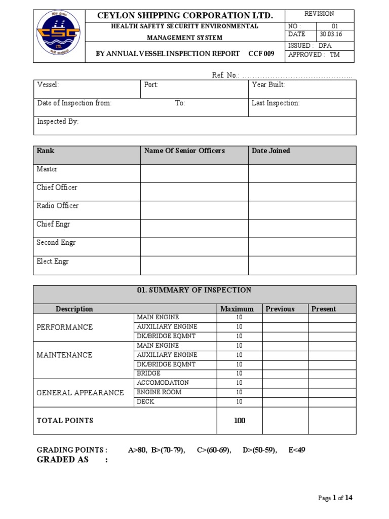 CCF 009 Yearly Vessel Inspection Report | PDF | Marine Propulsion | Ships