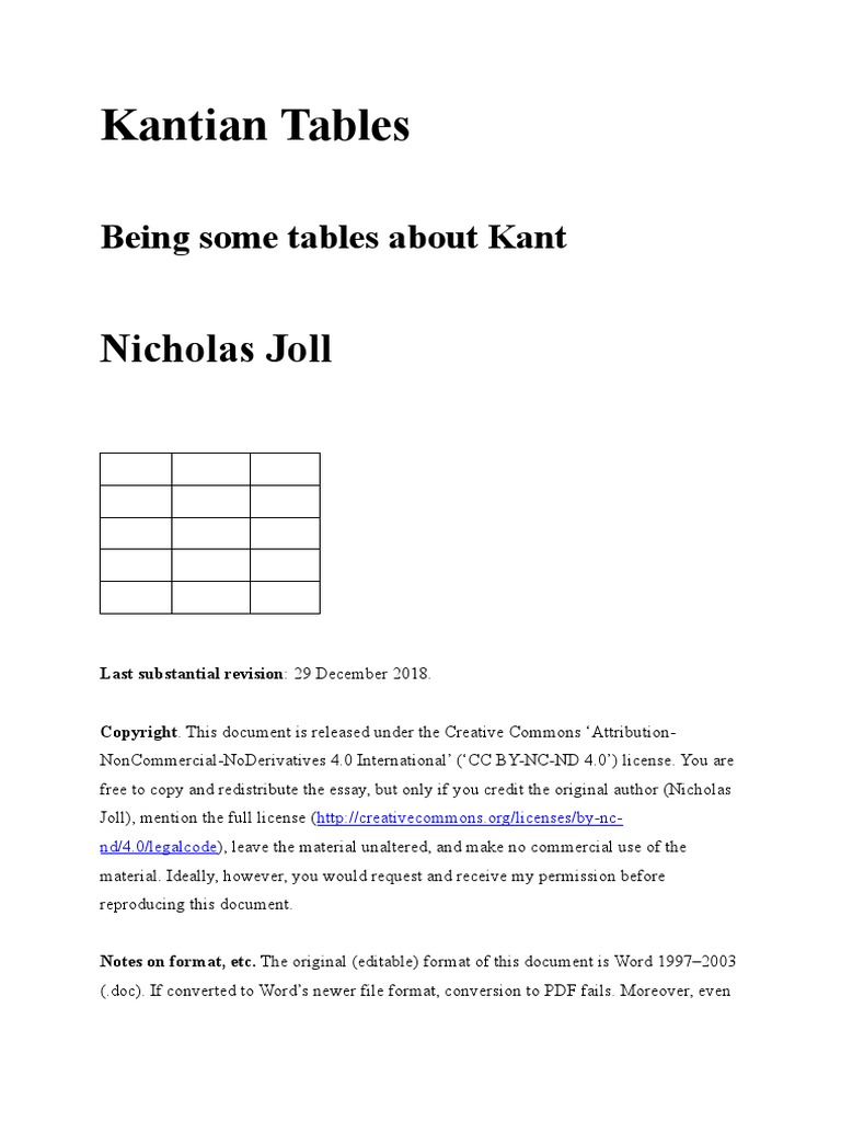 Kantian Tables | PDF | Critique Of Pure Reason | Immanuel Kant