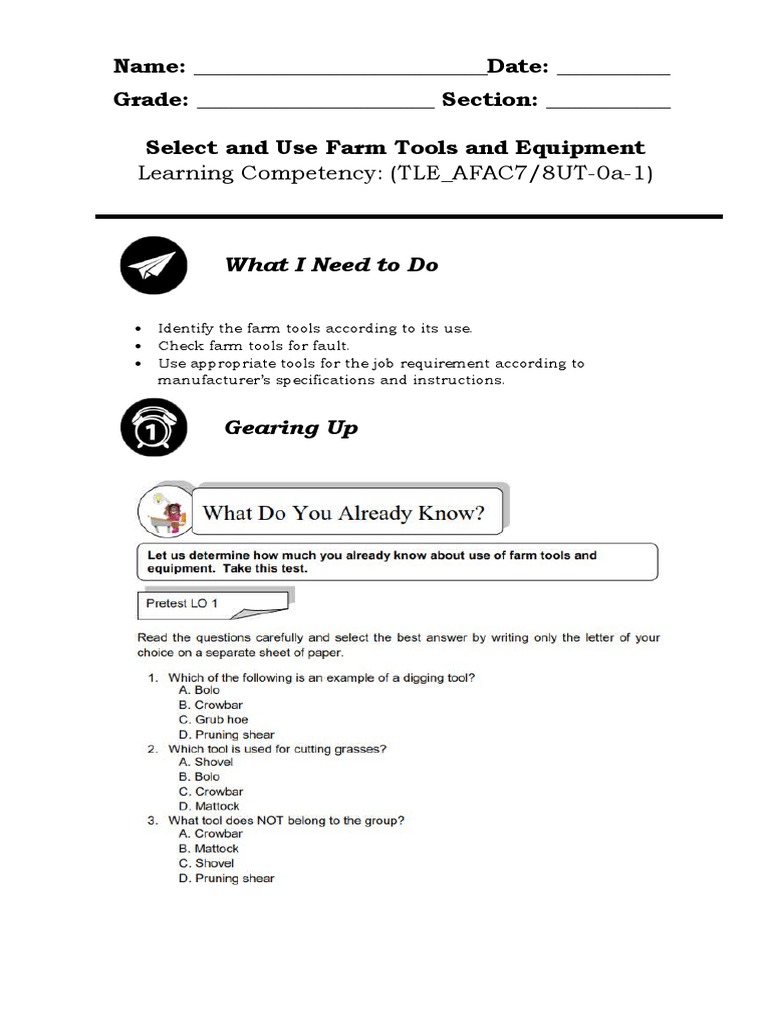 Lesson 1 LO1 Farm Tools in Agri. Crop Production | PDF
