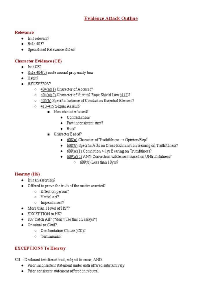 Evidence Attack Outline | PDF | Witness Impeachment | Confrontation Clause