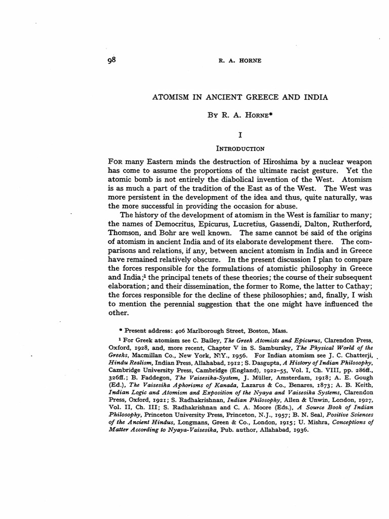 Horne, Ralph Albert (1960) Atomism in Ancient Greece and India | PDF ...