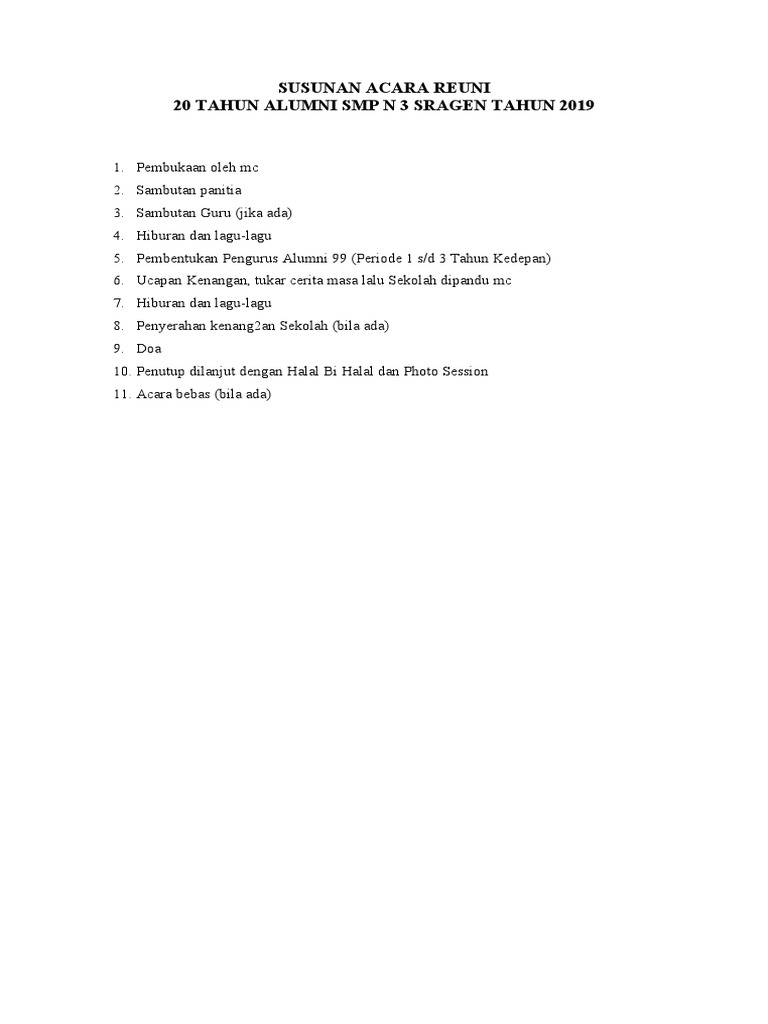 Susunan Acara Reuni Sekolah SMP N 3 Sragen | PDF