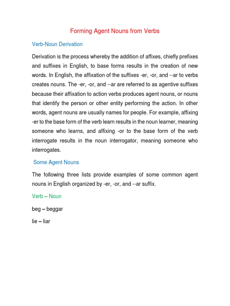 Agent Nouns: Verb to Noun Derivation | PDF | Noun | Adjective