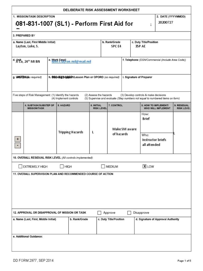 SGT Layton, Luke DD - 2977 - Deliberate Risk Assesment Form | PDF ...