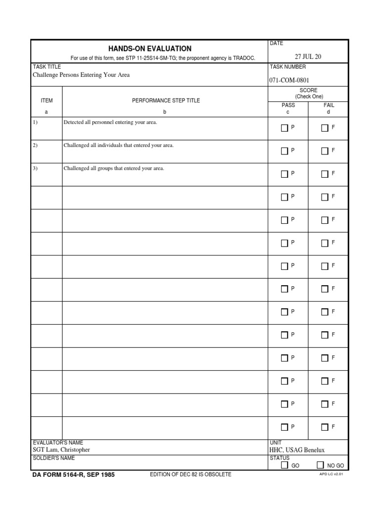 SGT Lam, Christopher DA Form 5164-R Hands-On Evaluation | PDF
