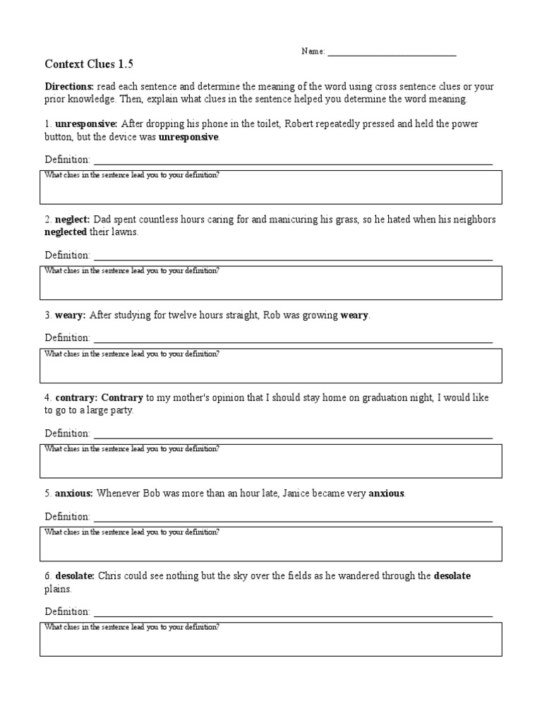 Context Clues Worksheet 1 5 | PDF