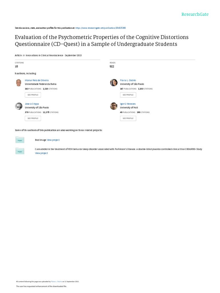 Evaluation of The Psychometric Properties of The Cognitive Distortions ...