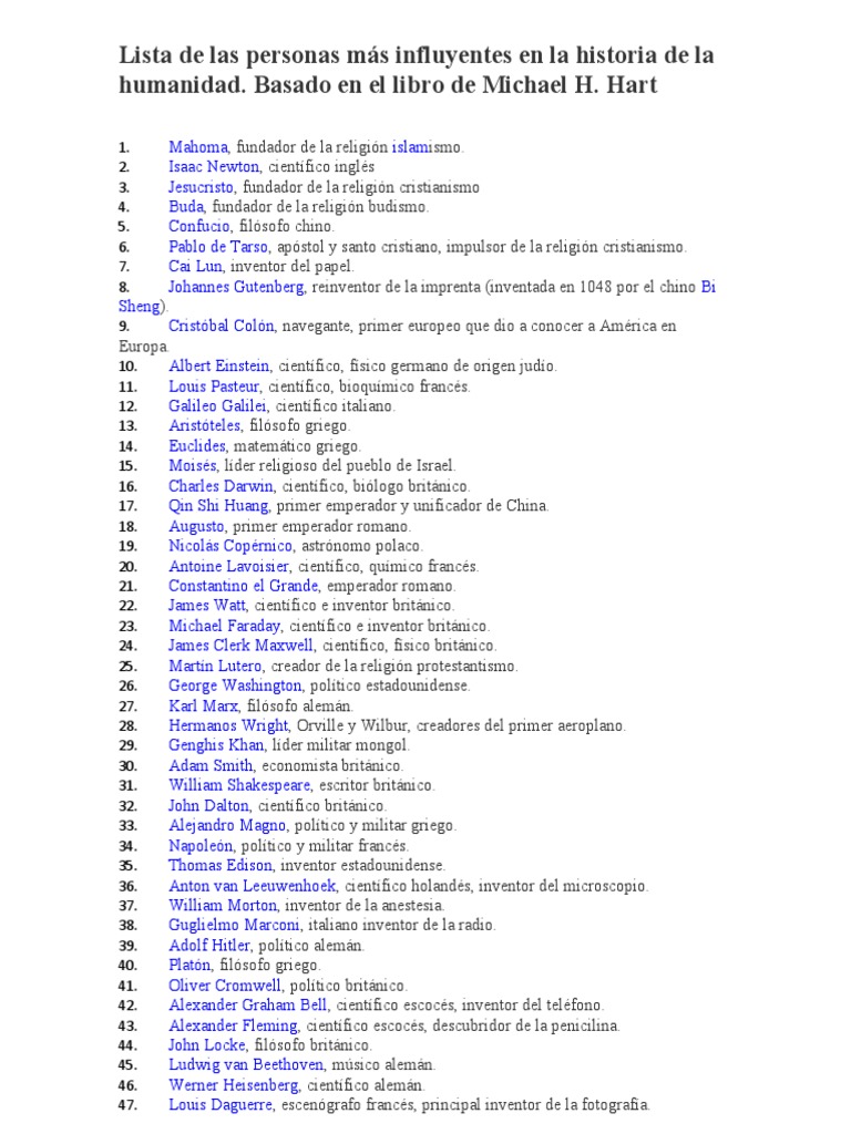 Lista de Las Personas Más Influyentes en La Historia de La Humanidad ...