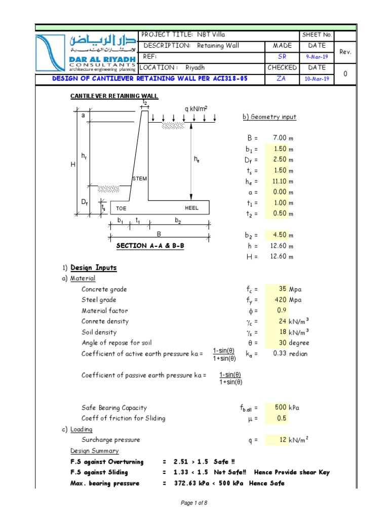 Design of Cantilever Retaining Wall Per Aci318-05 | PDF | Economic ...